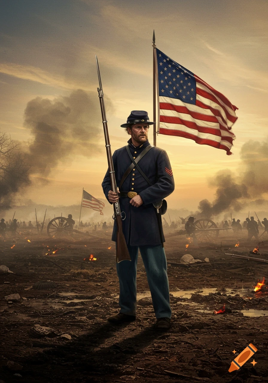 Union soldier stands with rifle on a muddy Civil War battlefield ...