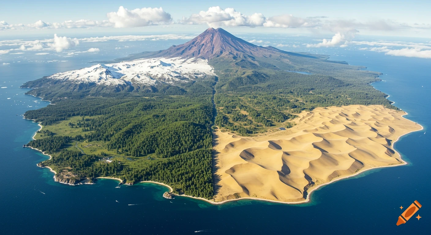 An aerial view of a diverse island featuring a snow-capped volcano, a ...