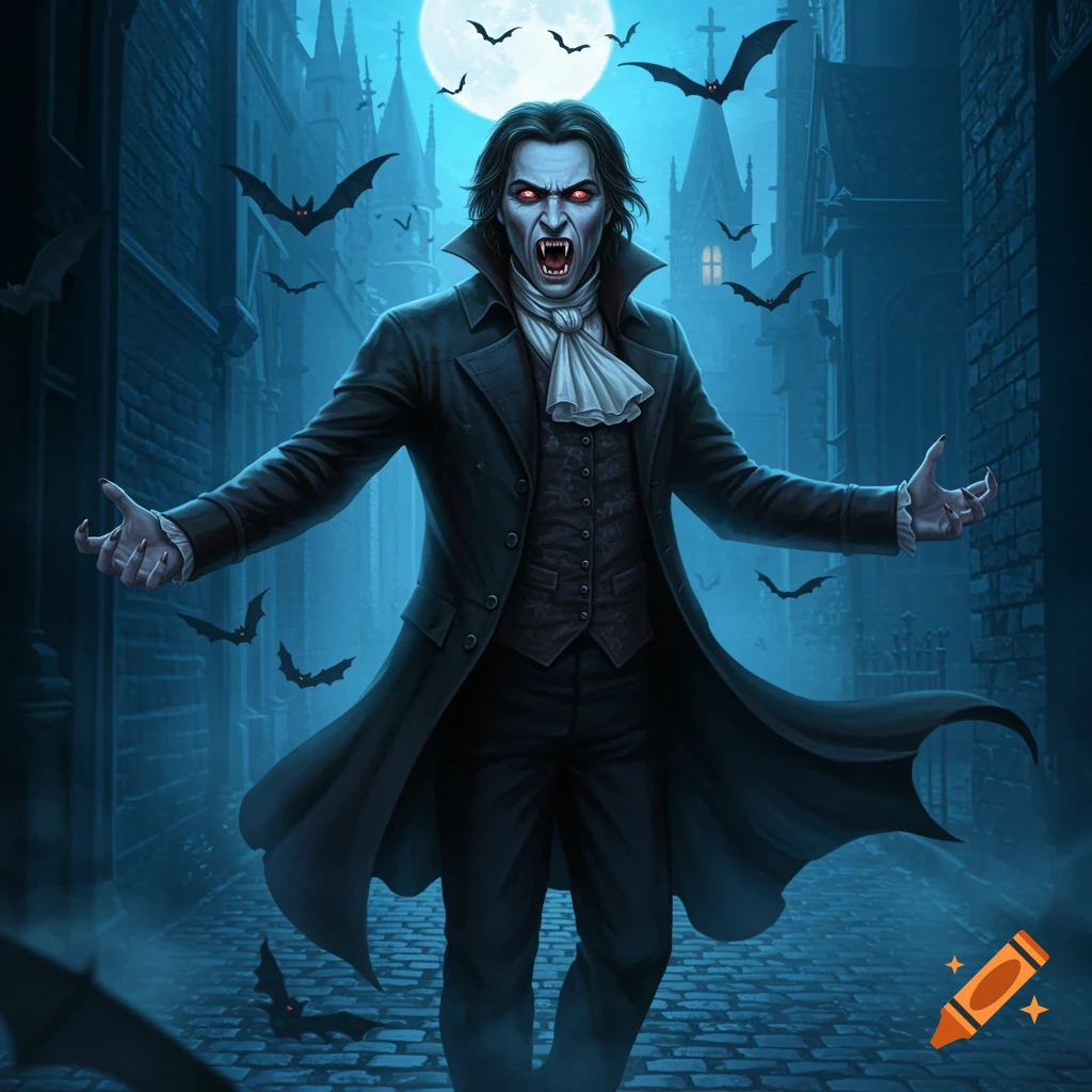 A dramatic illustration of a vampire man with red eyes and fangs ...