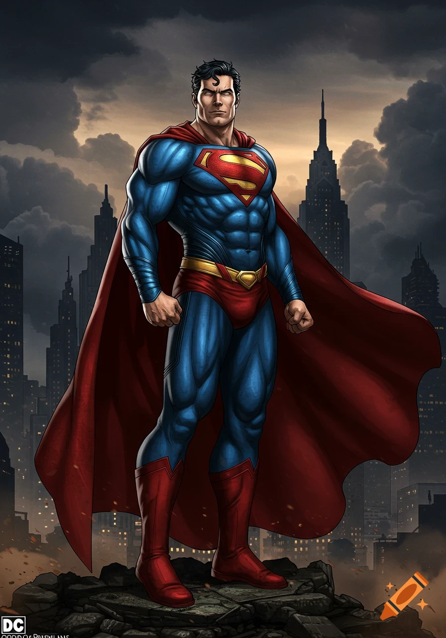 Superman stands on a rocky outcrop overlooking a city skyline under a ...