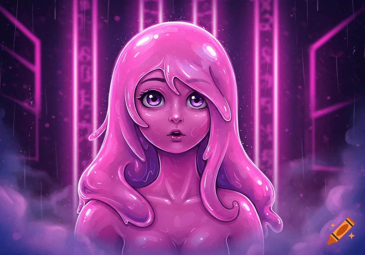 A vibrant pink slime girl with large purple eyes and flowing pink hair ...