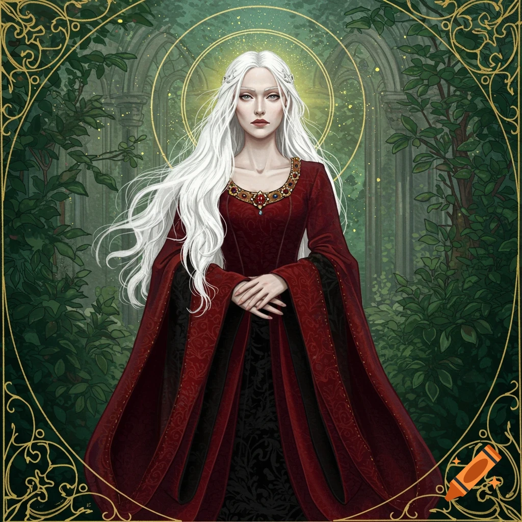 A woman with white hair in a red and black medieval gown, with an ...