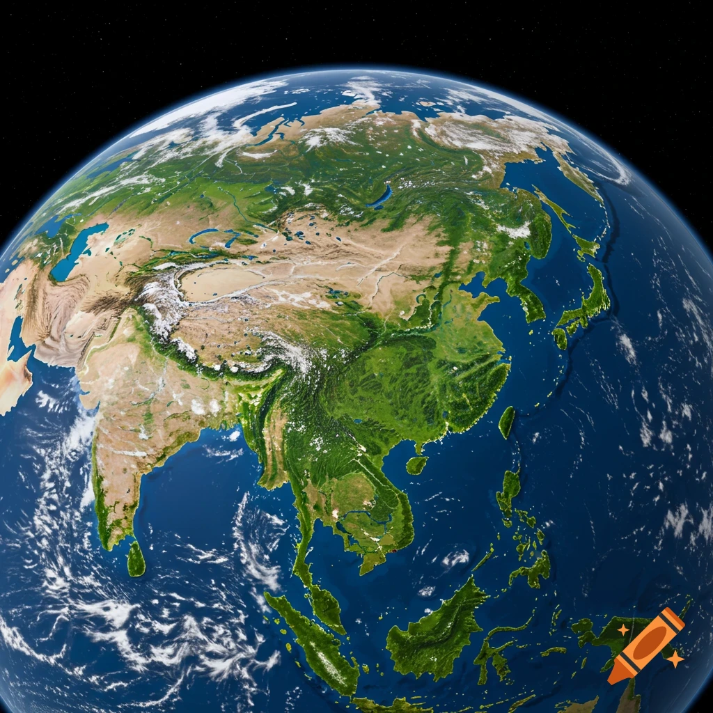 A photorealistic satellite view of Earth, showing Asia, oceans, and clouds from space. on Craiyon
