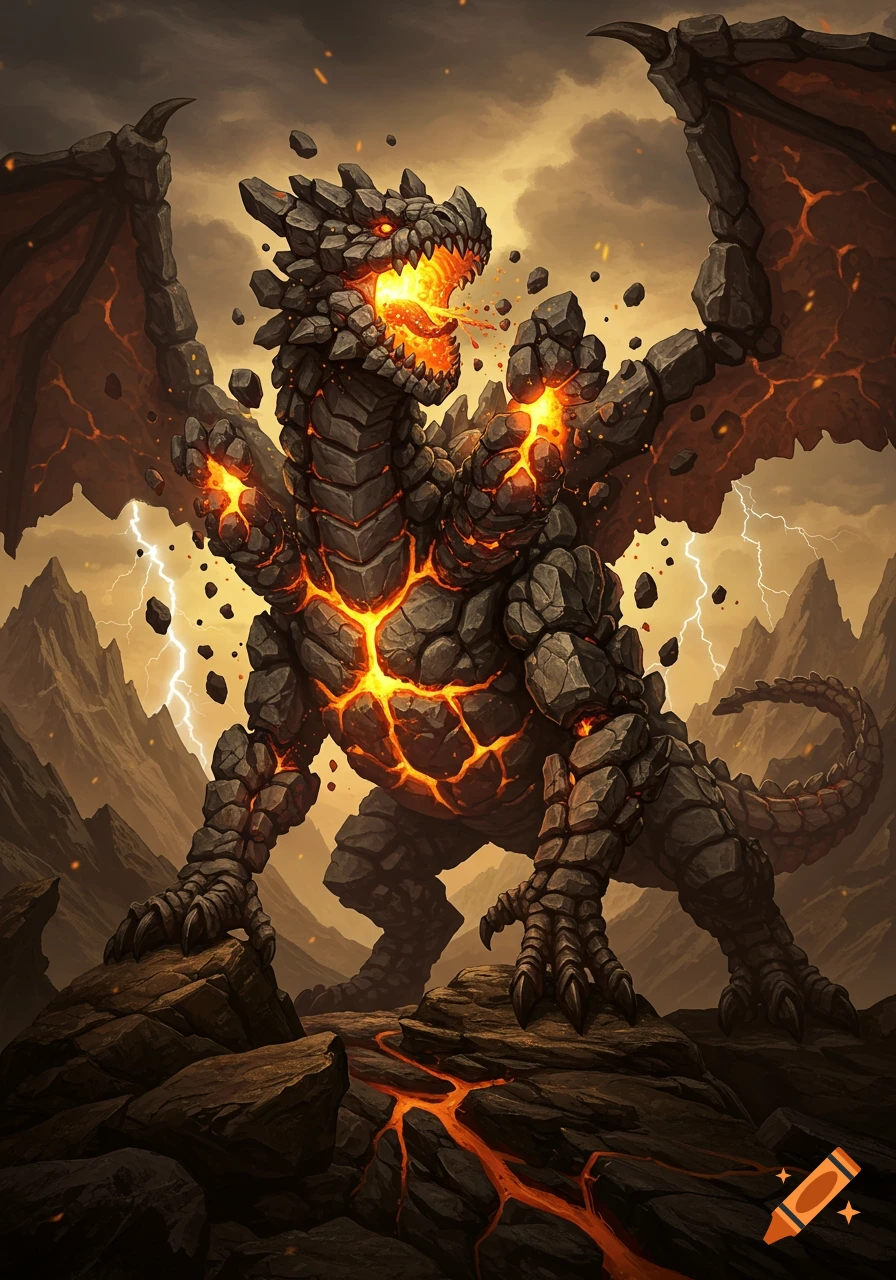 A fierce boulder and lava dragon stands in a desolate, mountainous ...