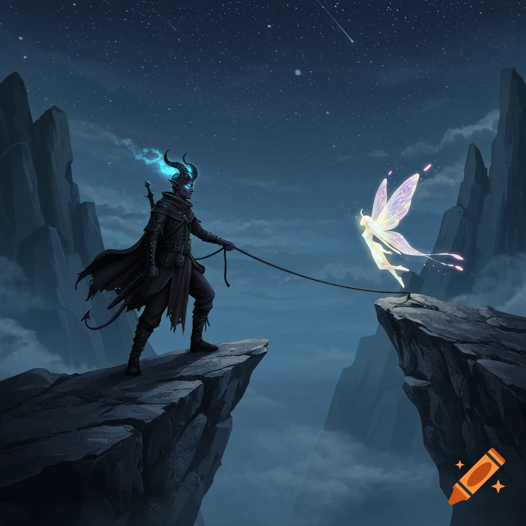 A horned, blue-glowing humanoid on a cliff holds a rope attached to a ...