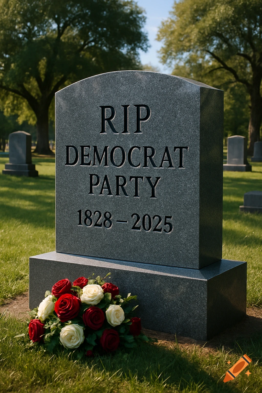 A photorealistic image of a granite tombstone in a sunny cemetery, with ...