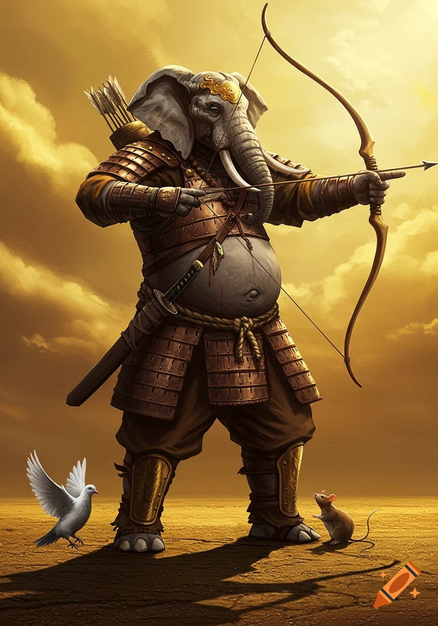An anthropomorphic elephant warrior in samurai armor holds a bow and ...