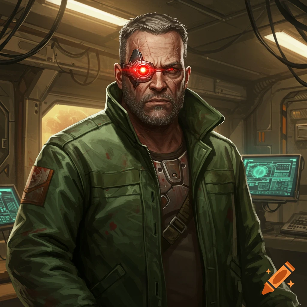 A stern, bearded man with a glowing red cybernetic eye wears a green ...