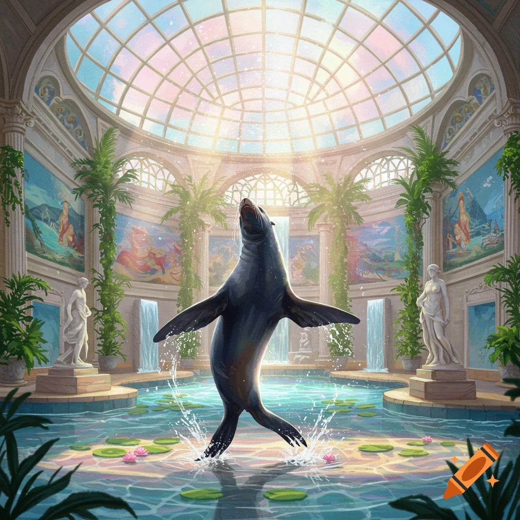 A black seal leaps from a pool, splashing water, inside a grand museum ...