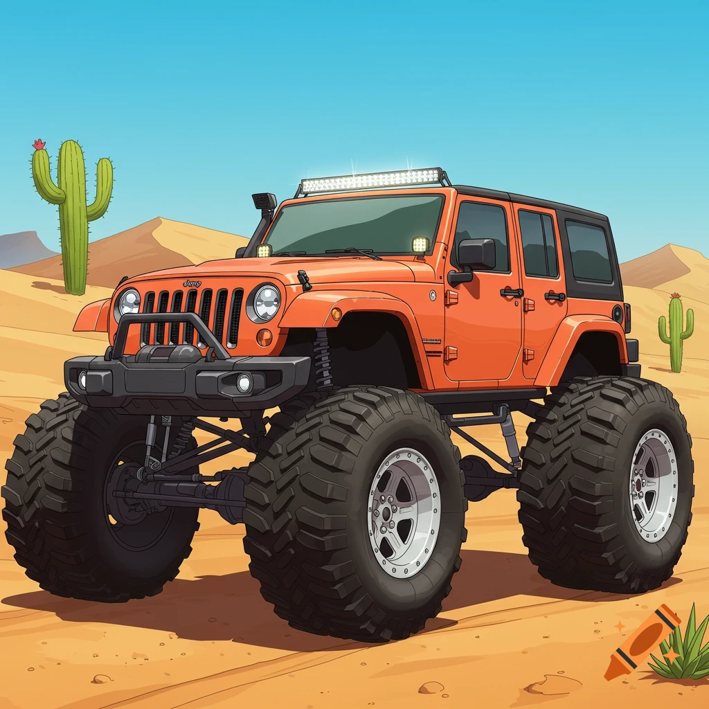 A cartoon orange Jeep Wrangler with large off-road tires and lifted ...