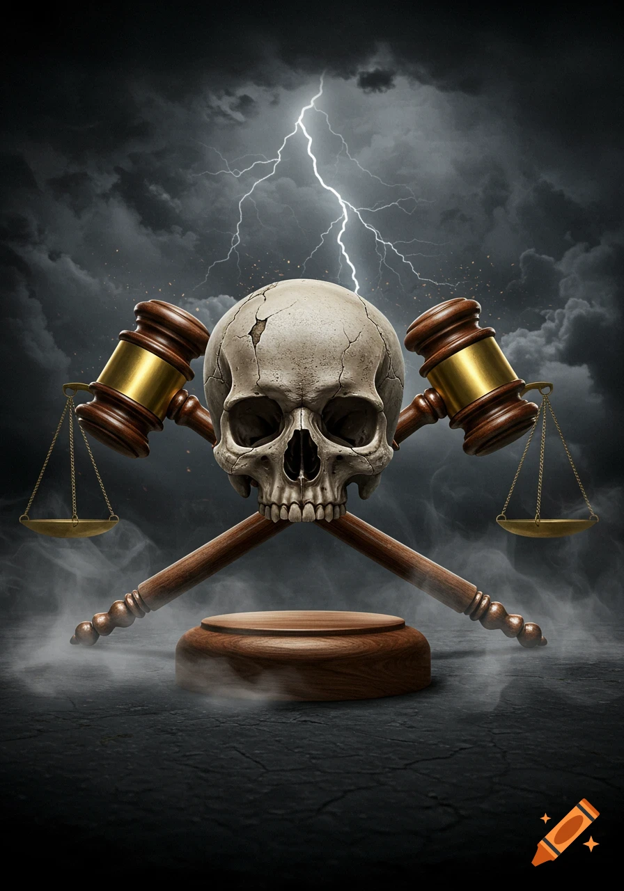 A cracked skull crossed with two gavels holding scales of justice, set ...