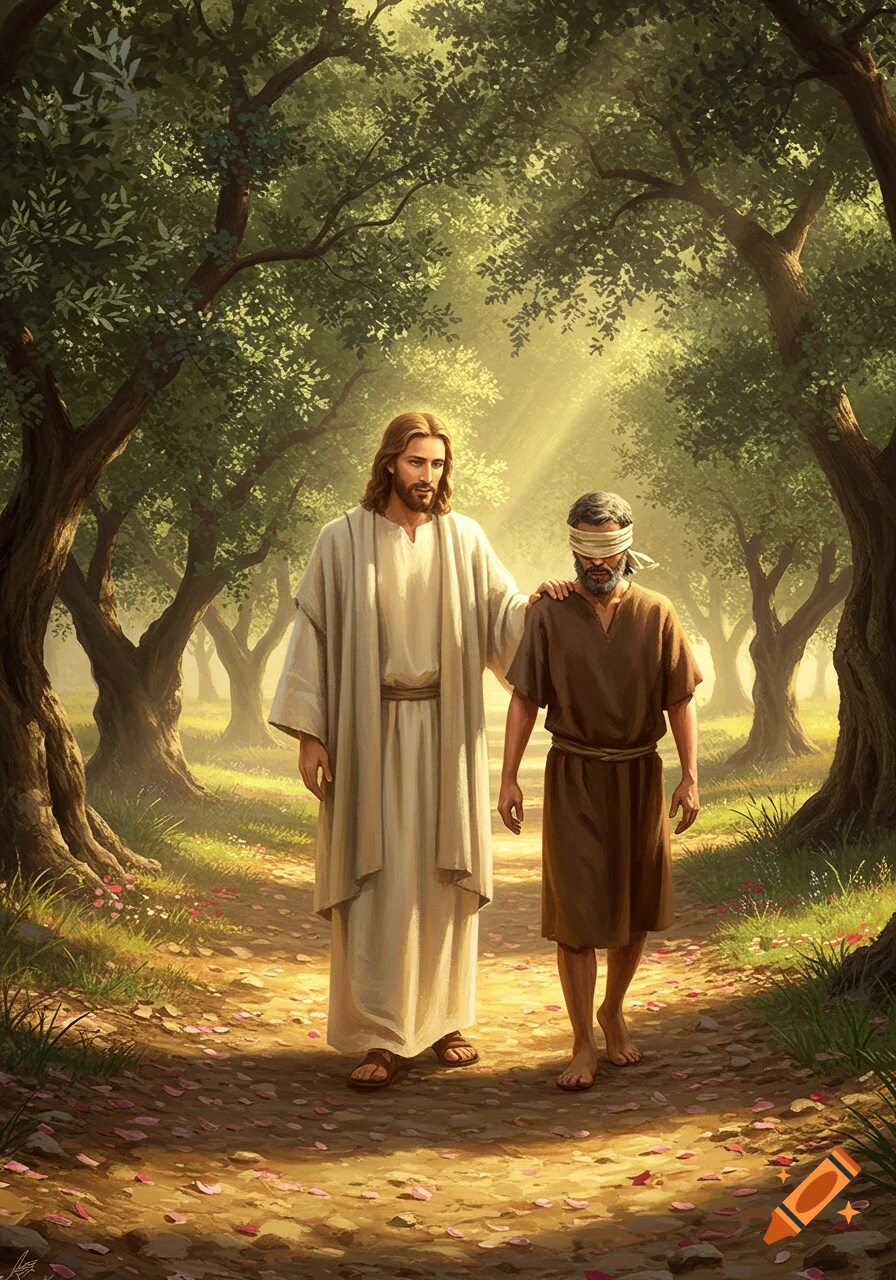 Jesus walks with a blindfolded man on a sunlit forest path. on Craiyon