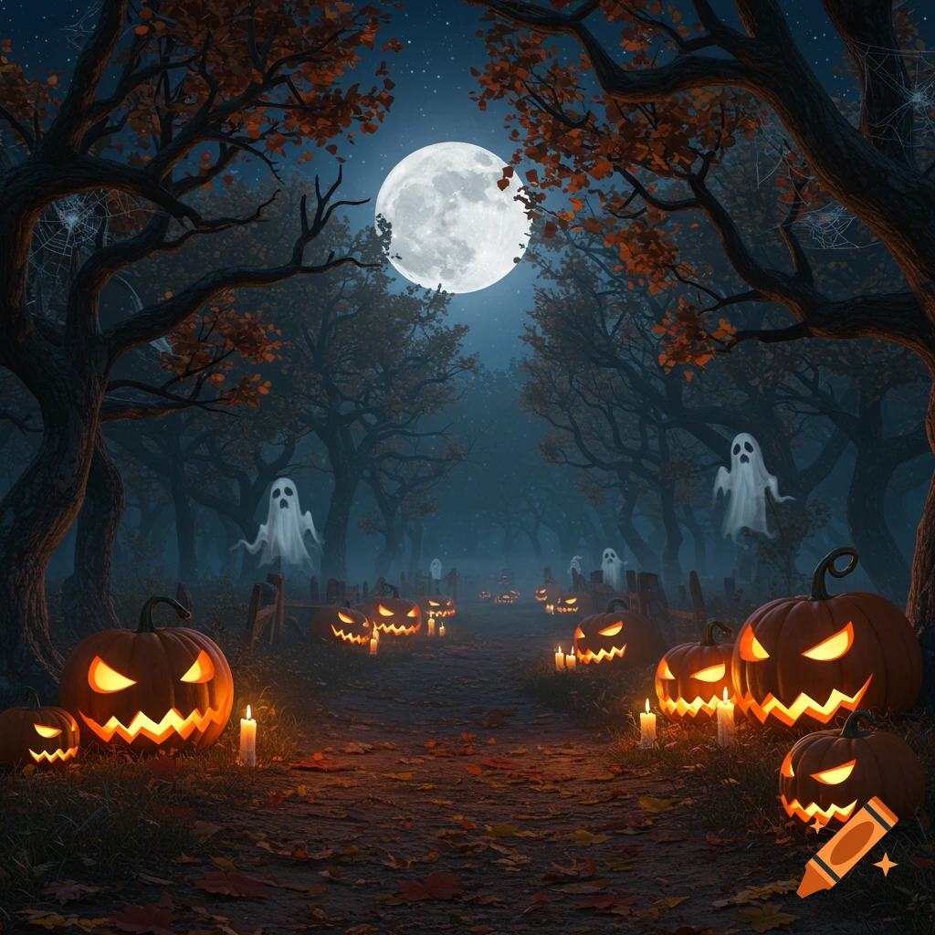 A spooky Halloween graveyard scene with a glowing jack-o'-lantern ...