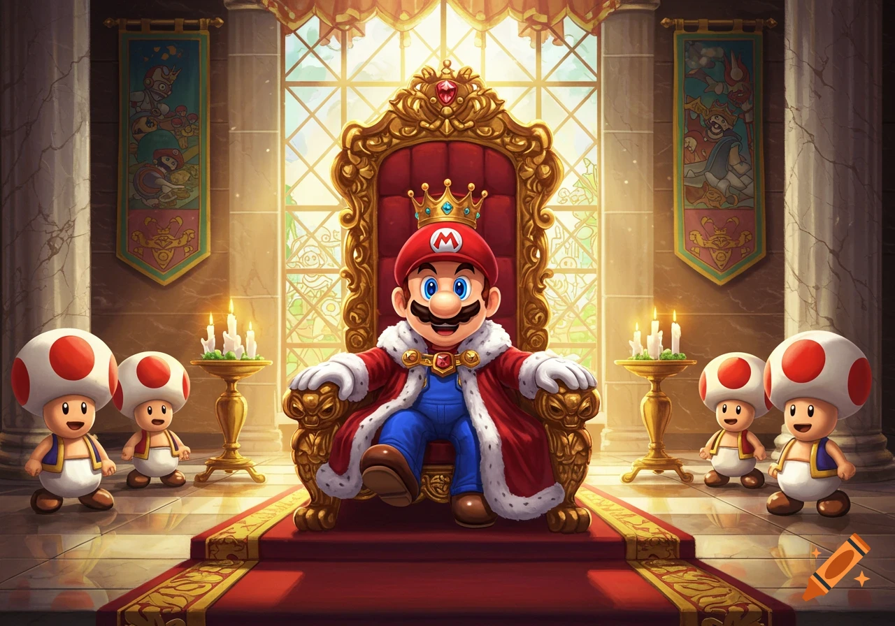 King Mario sits on a golden throne in a regal chamber, flanked by two ...