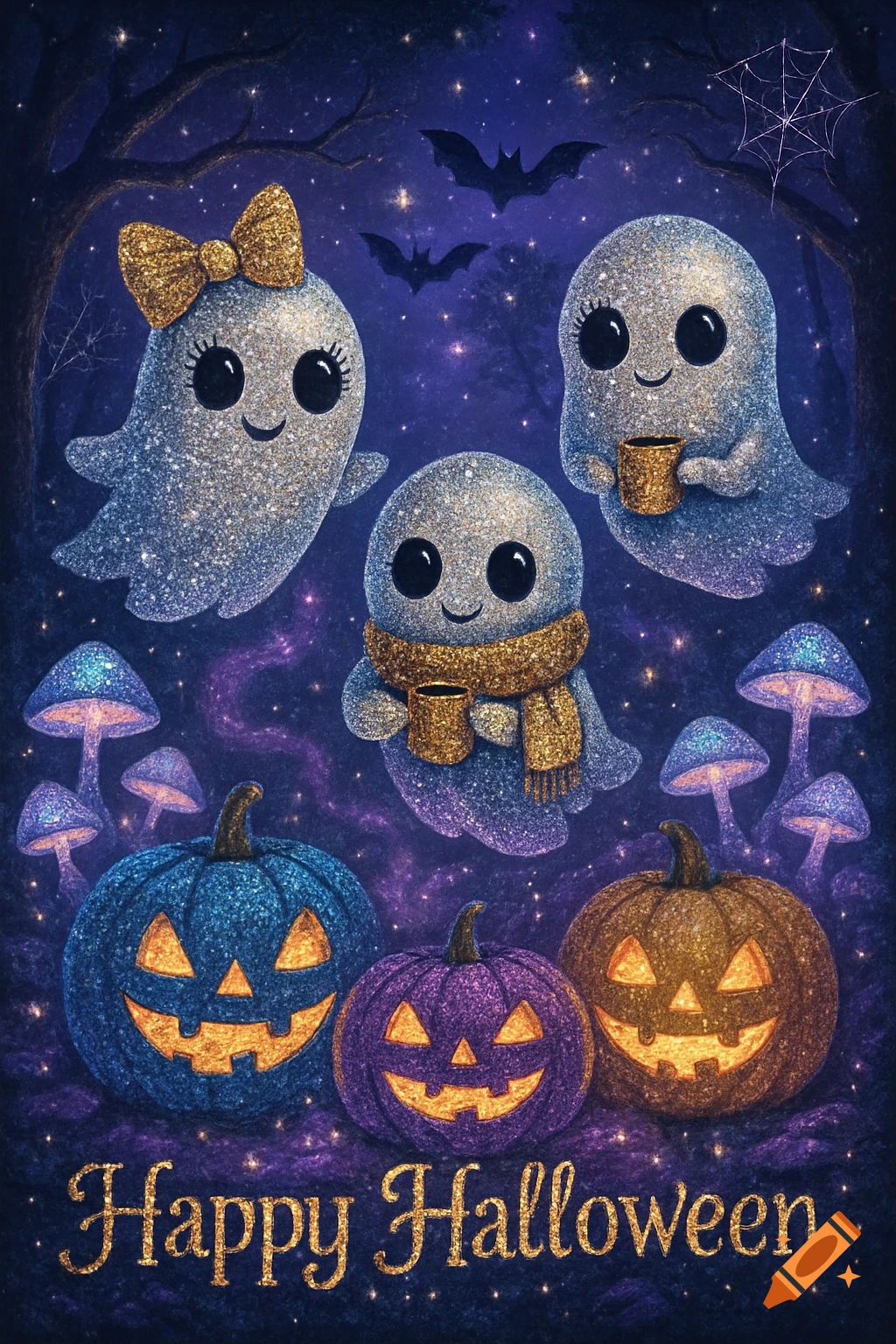Whimsical Halloween scene with sparkling ghosts, jeweled jack-o ...