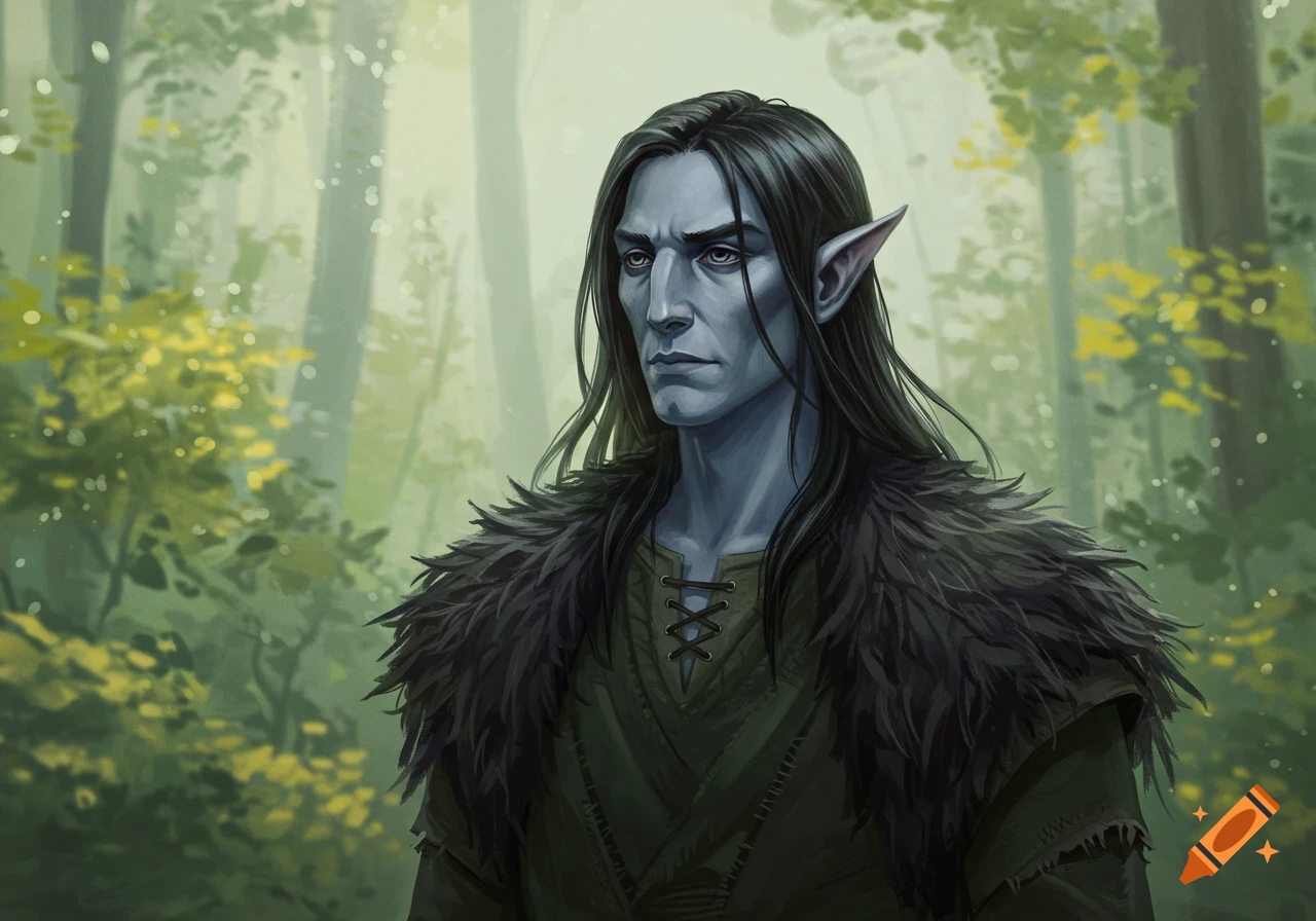 A male fantasy character with pale blue-gray skin, long dark hair, and ...
