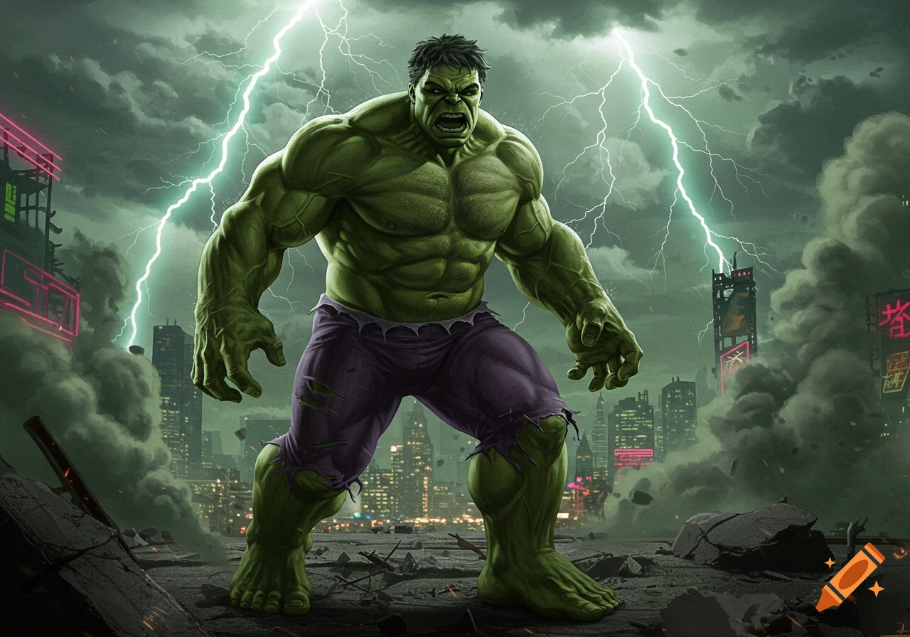 The muscular green superhero Hulk stands angrily in a ruined city, in a ...