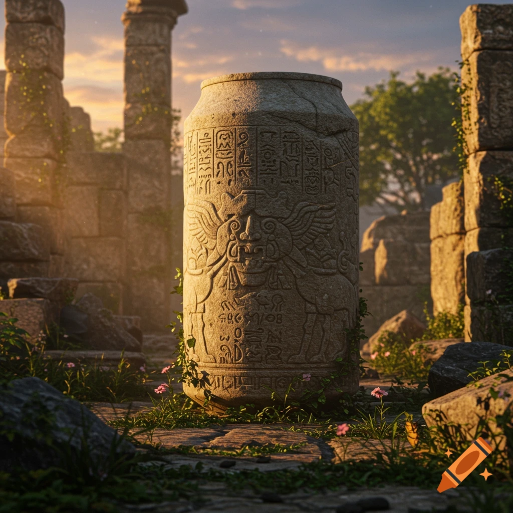 A weathered stone can carved with ancient hieroglyphs and a winged ...