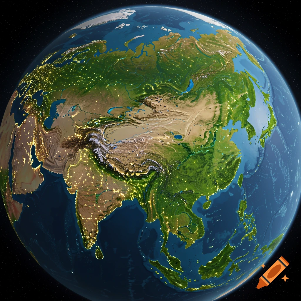 A photorealistic 3D rendering of Earth viewed from space, showing Asia ...