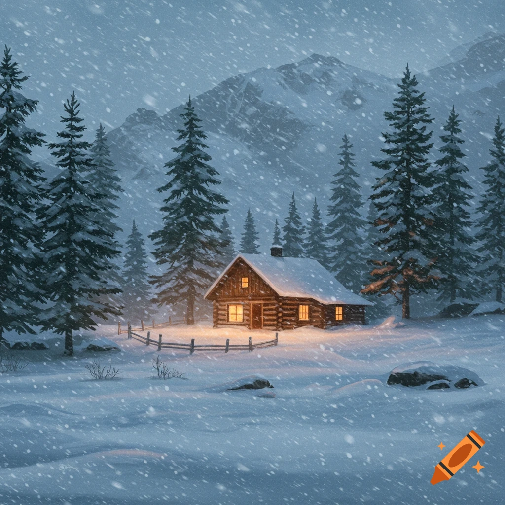 A cozy log cabin with glowing windows nestled among pine trees in a snowy mountain landscape ...