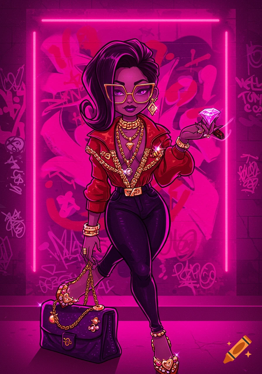 A stylized cartoon illustration of a richly dressed woman with gold ...