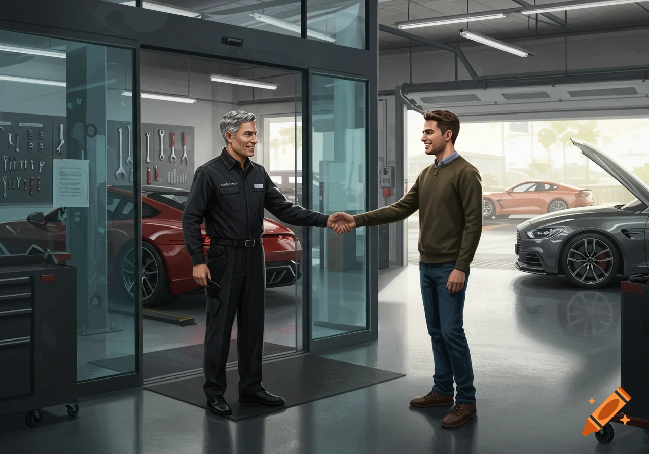 A car service advisor in a uniform shaking hands with a customer in a ...