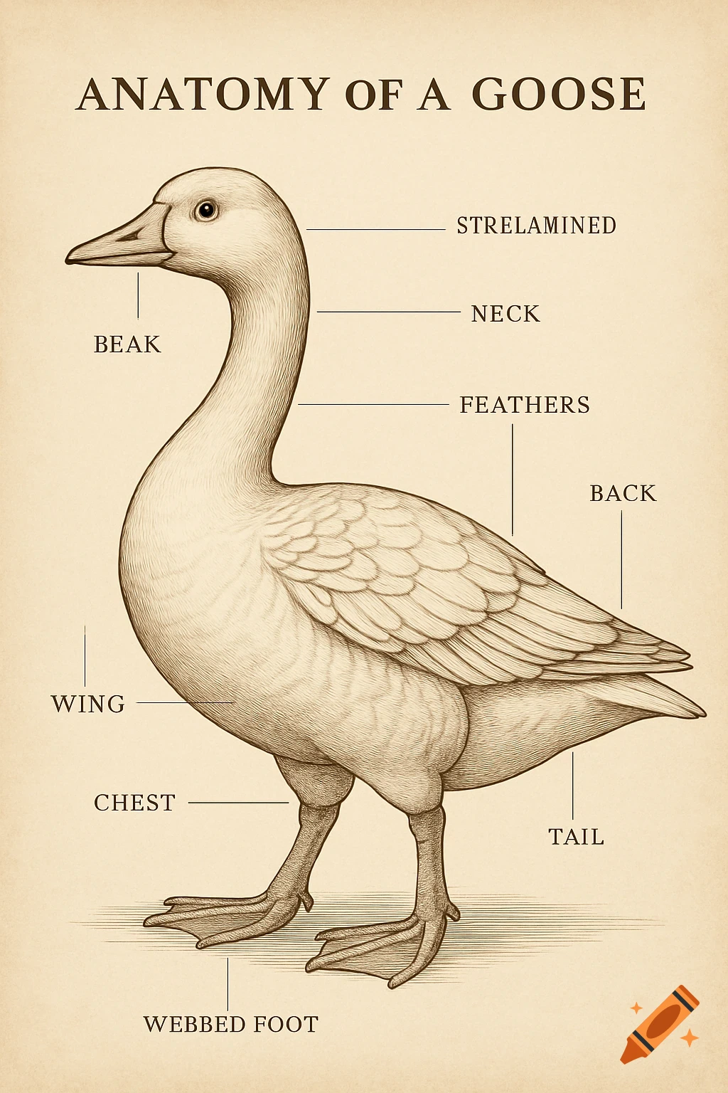 Anatomy diagram of a goose in a vintage illustration style, with labels ...
