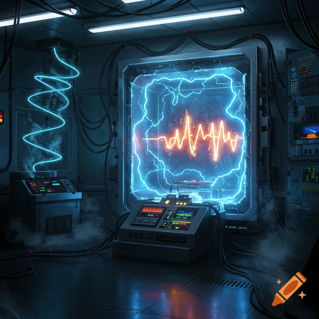 A futuristic laboratory with glowing blue and orange electrical currents, wires, and control ...
