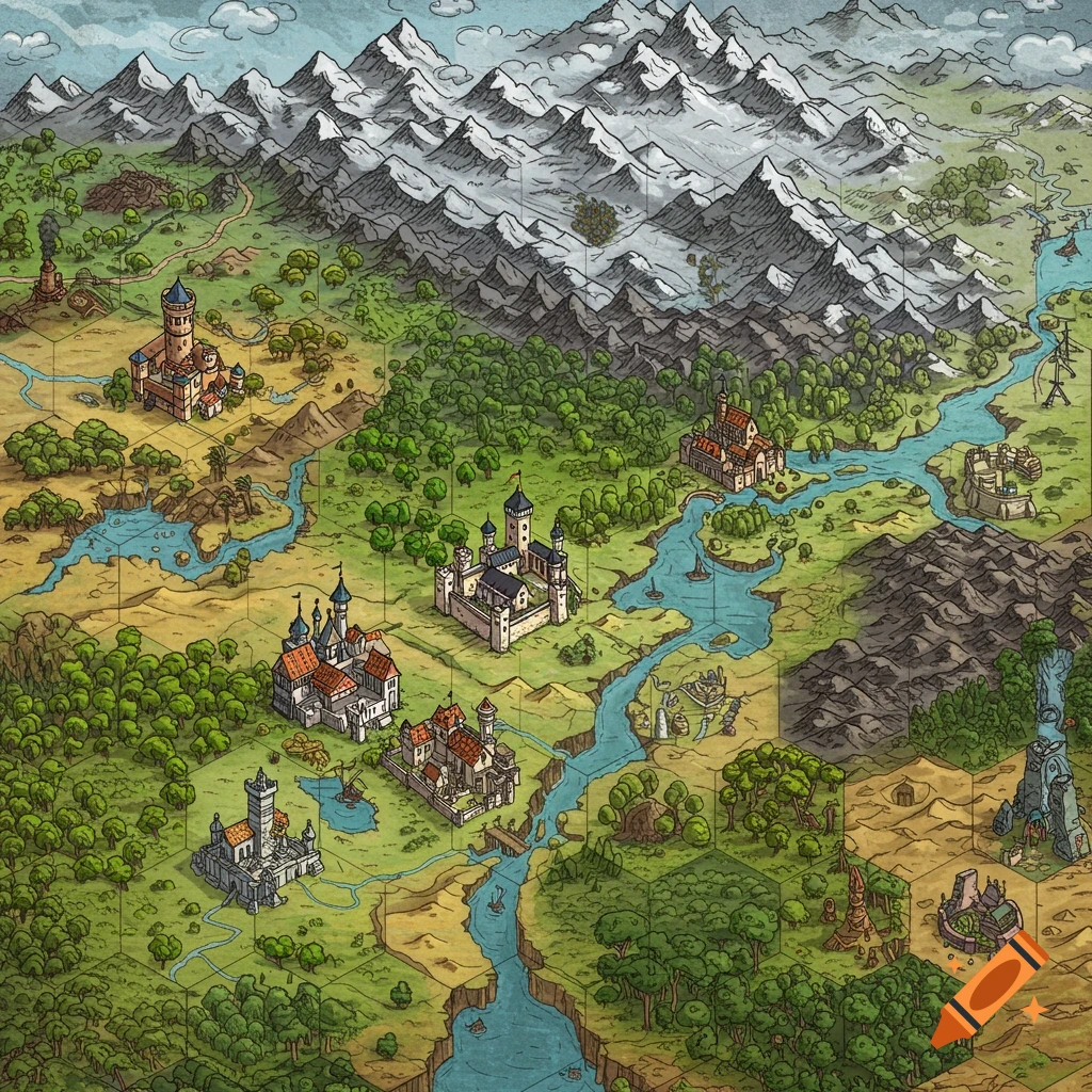 A colorful fantasy hex map depicting mountains, rivers, forests, and ...
