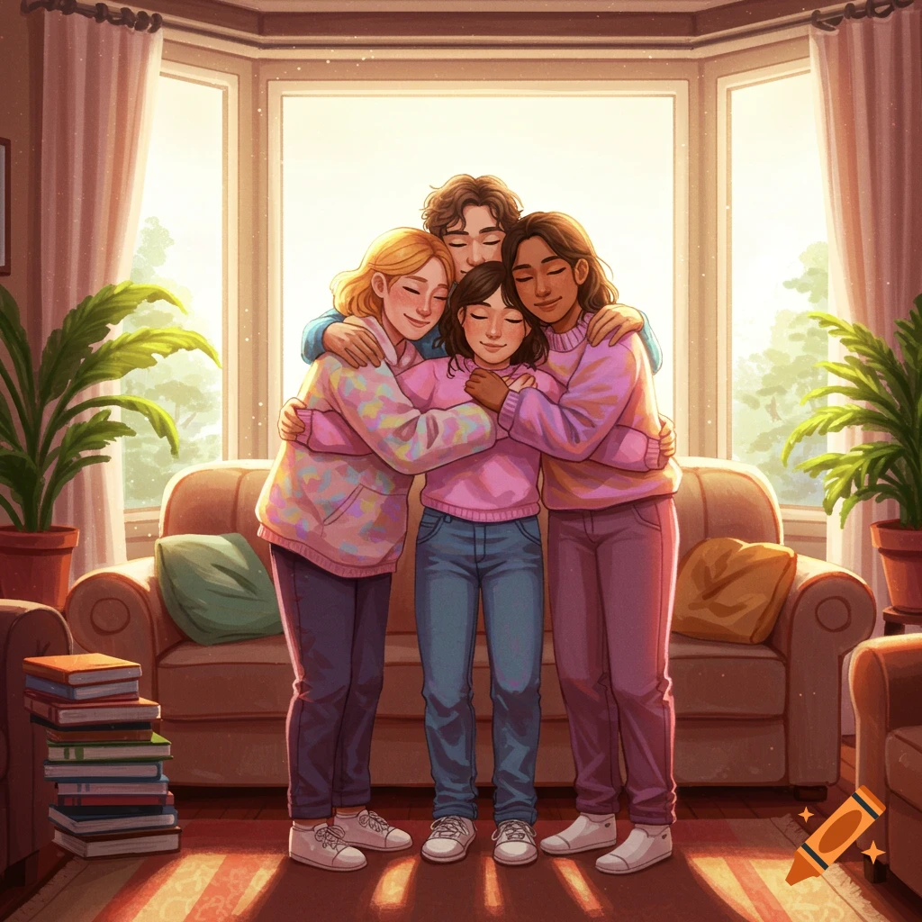 Three people hugging warmly in a sunlit living room, drawn in a cozy ...