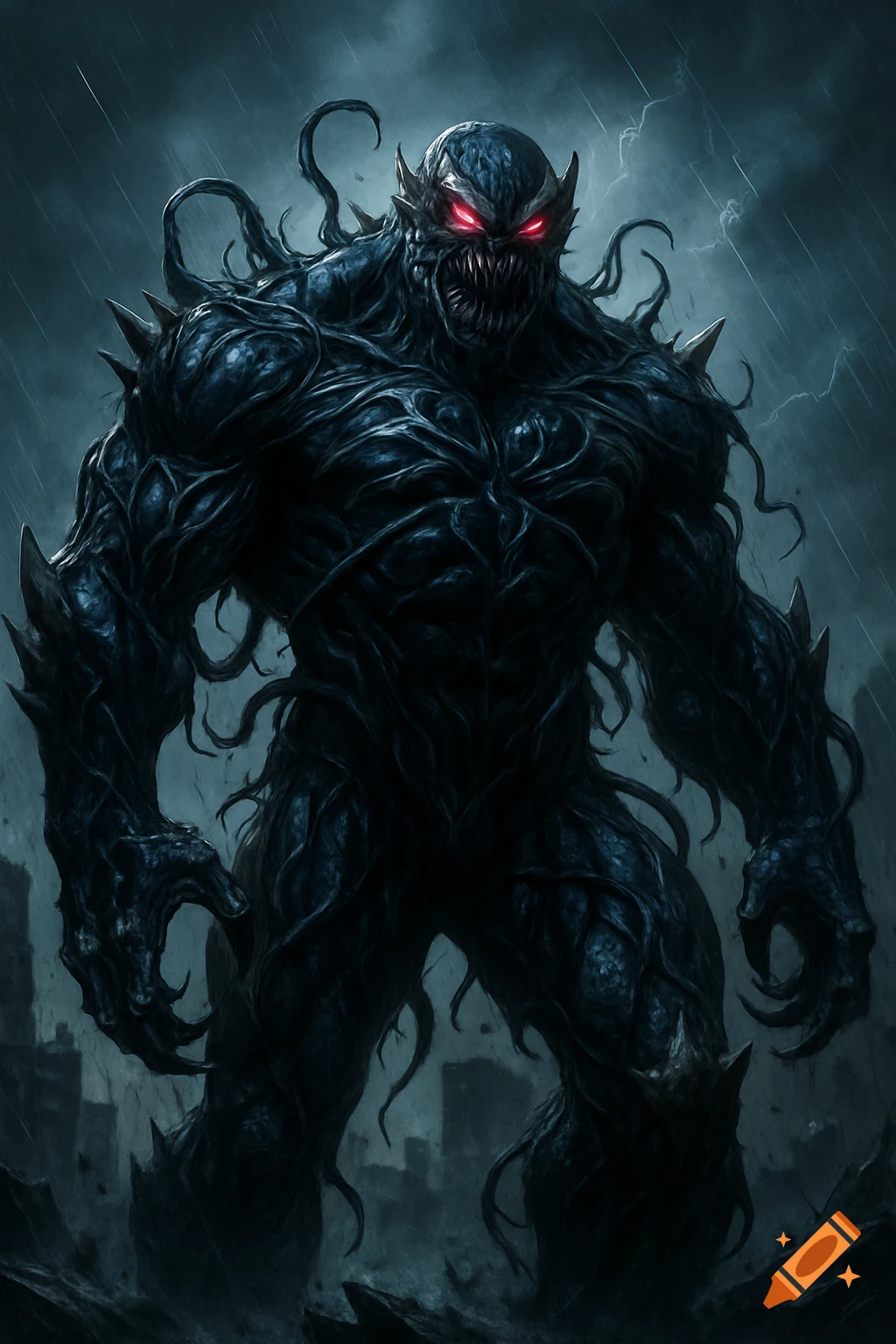 She-Venom, a dark symbiotic figure with glowing eyes and sharp teeth ...
