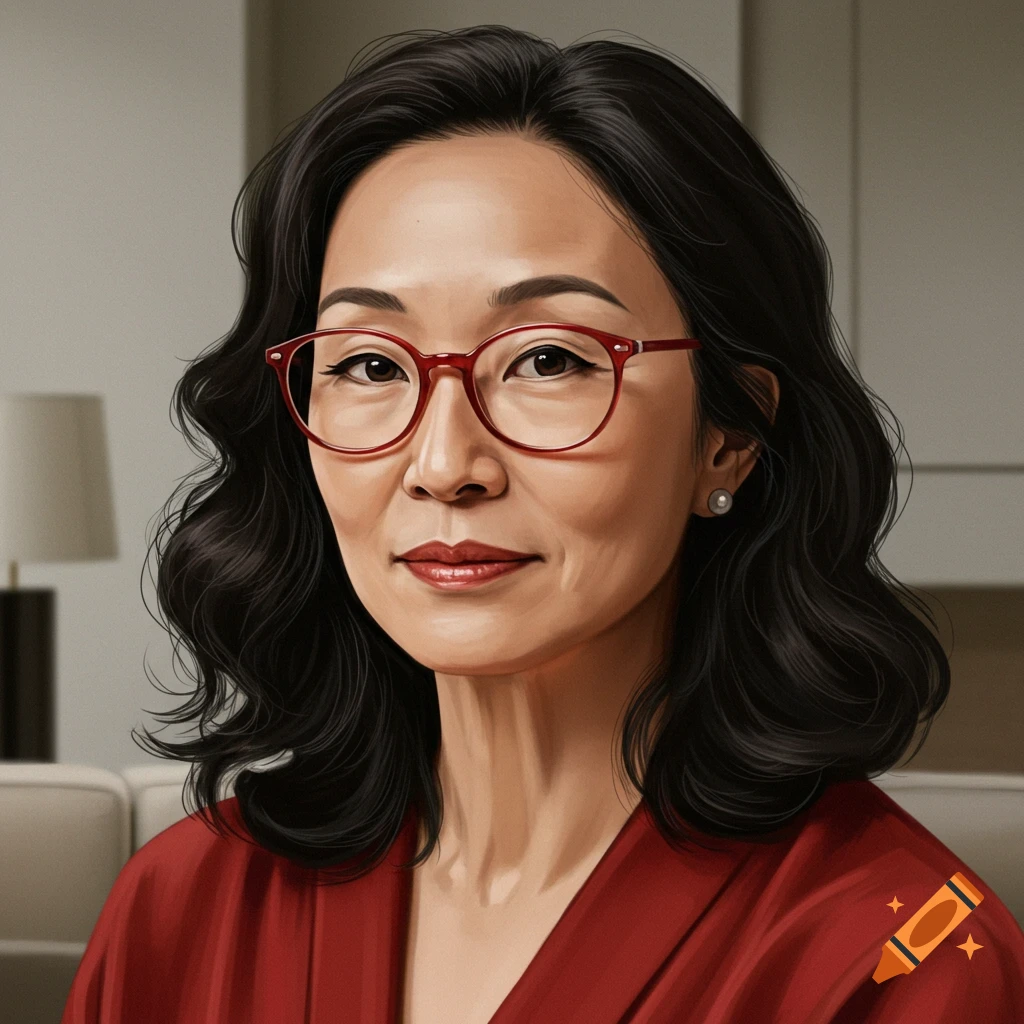 An illustrated portrait of a middle-aged Asian woman with dark wavy hair and red-framed glasses ...
