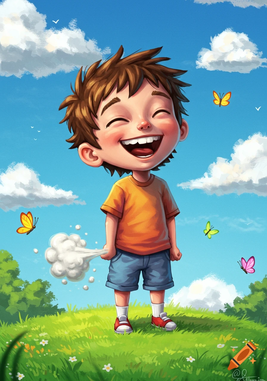 A cheerful cartoon boy in a grassy field with butterflies farts ...