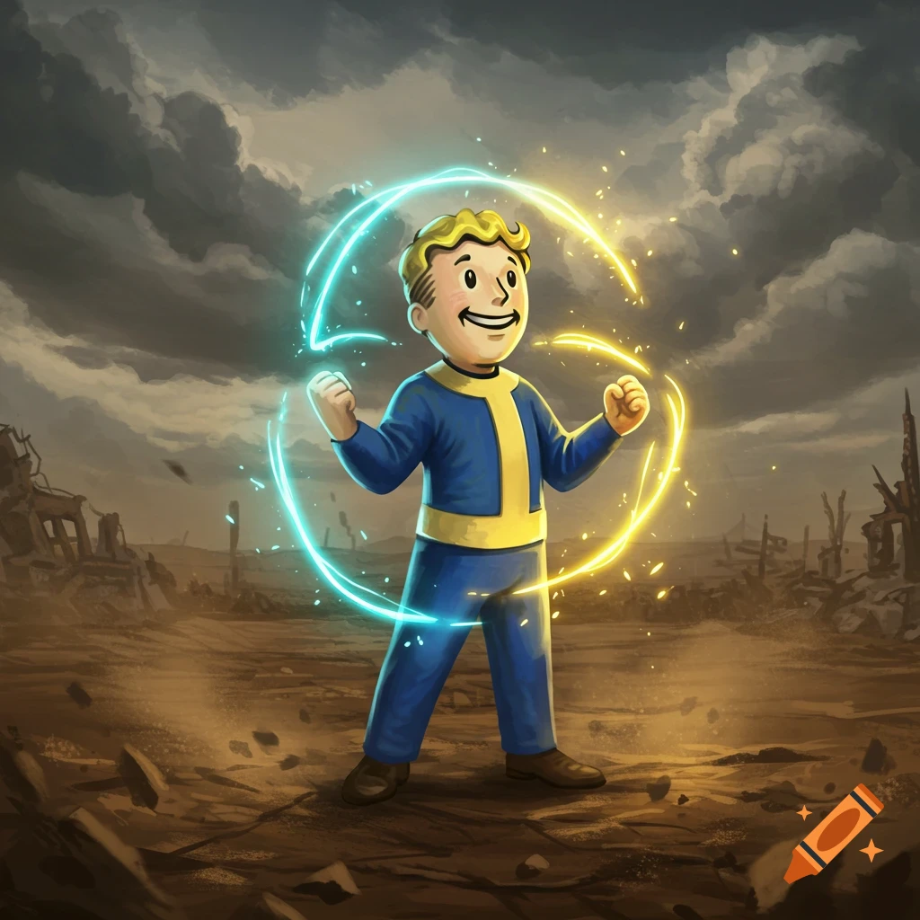 A cartoon Vault Boy from Fallout in a blue and yellow uniform and ...