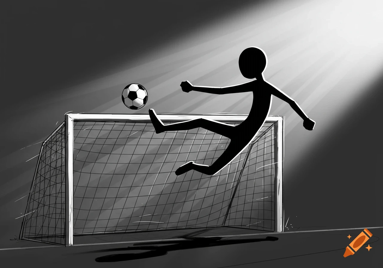 A black silhouette of a stick figure performs a bicycle kick with a ...