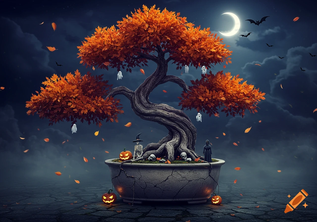 Halloween bonsai tree with orange leaves, jack-o'-lanterns, ghosts, and bats under a crescent ...