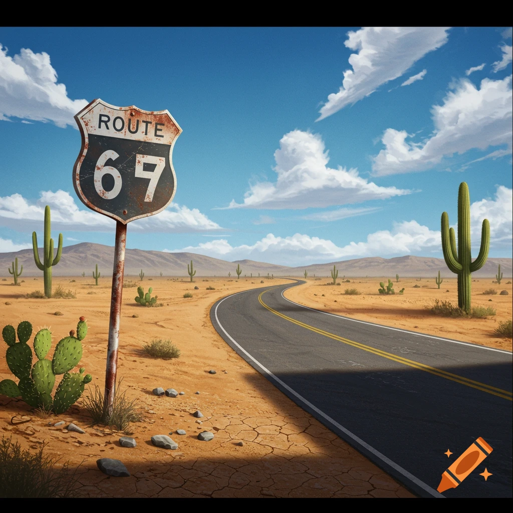 A desert highway with a prominent Route 67 sign, cactuses, and ...