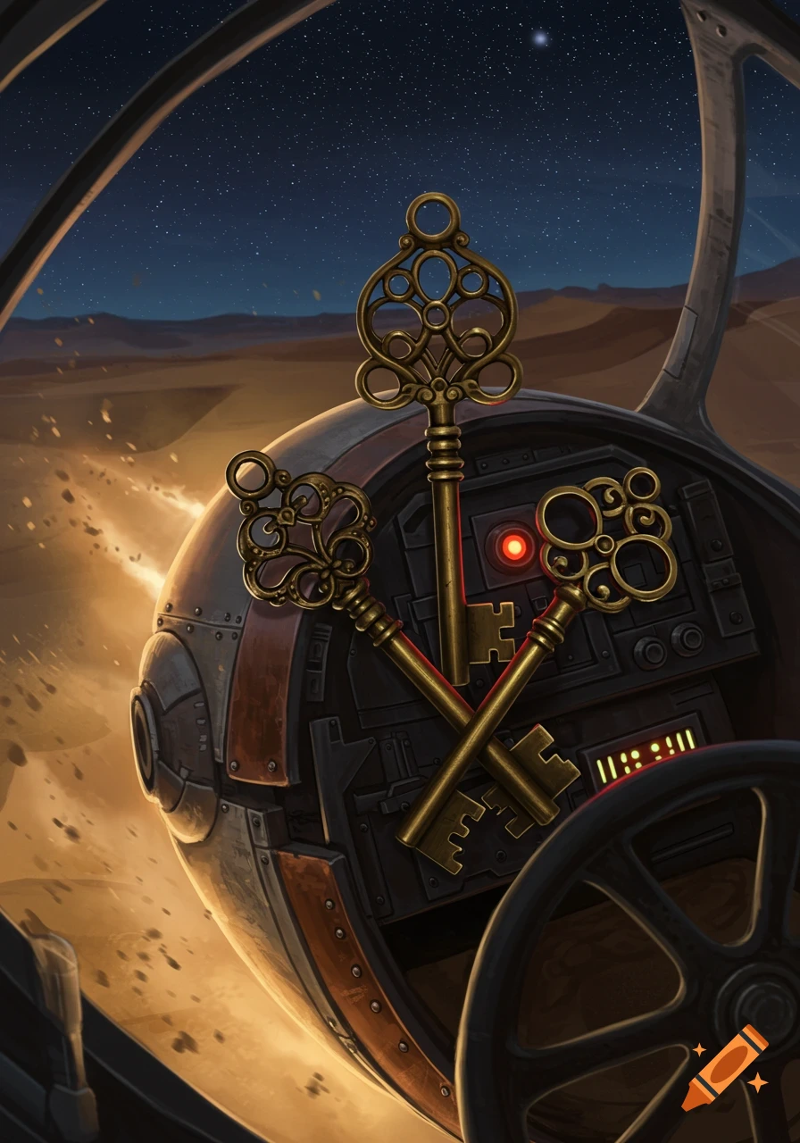 Three ornate antique keys crossed over a futuristic vehicle's control ...