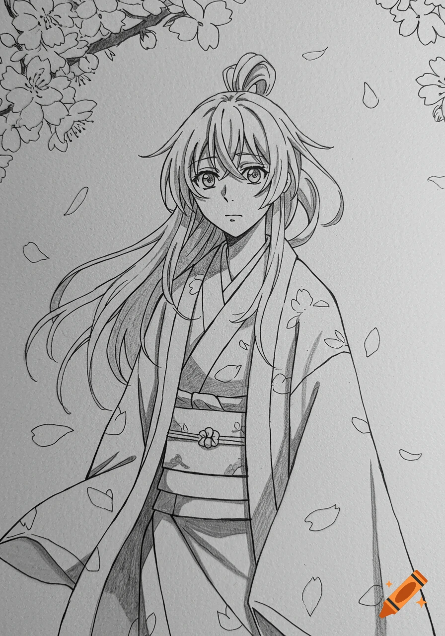 A black and white anime drawing of a long-haired character in a kimono ...
