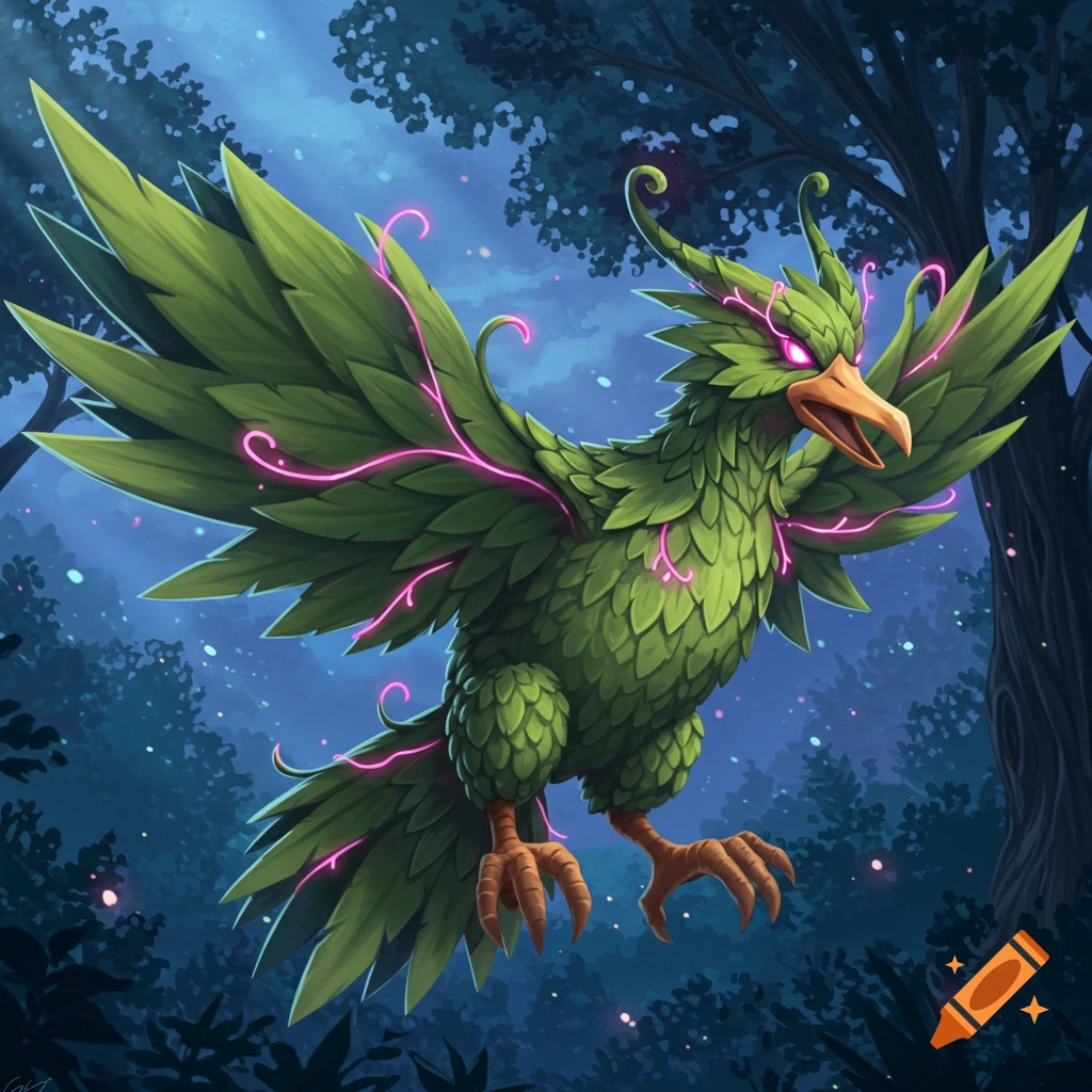 A vibrant, leaf-covered bird creature with glowing pink energy and ...
