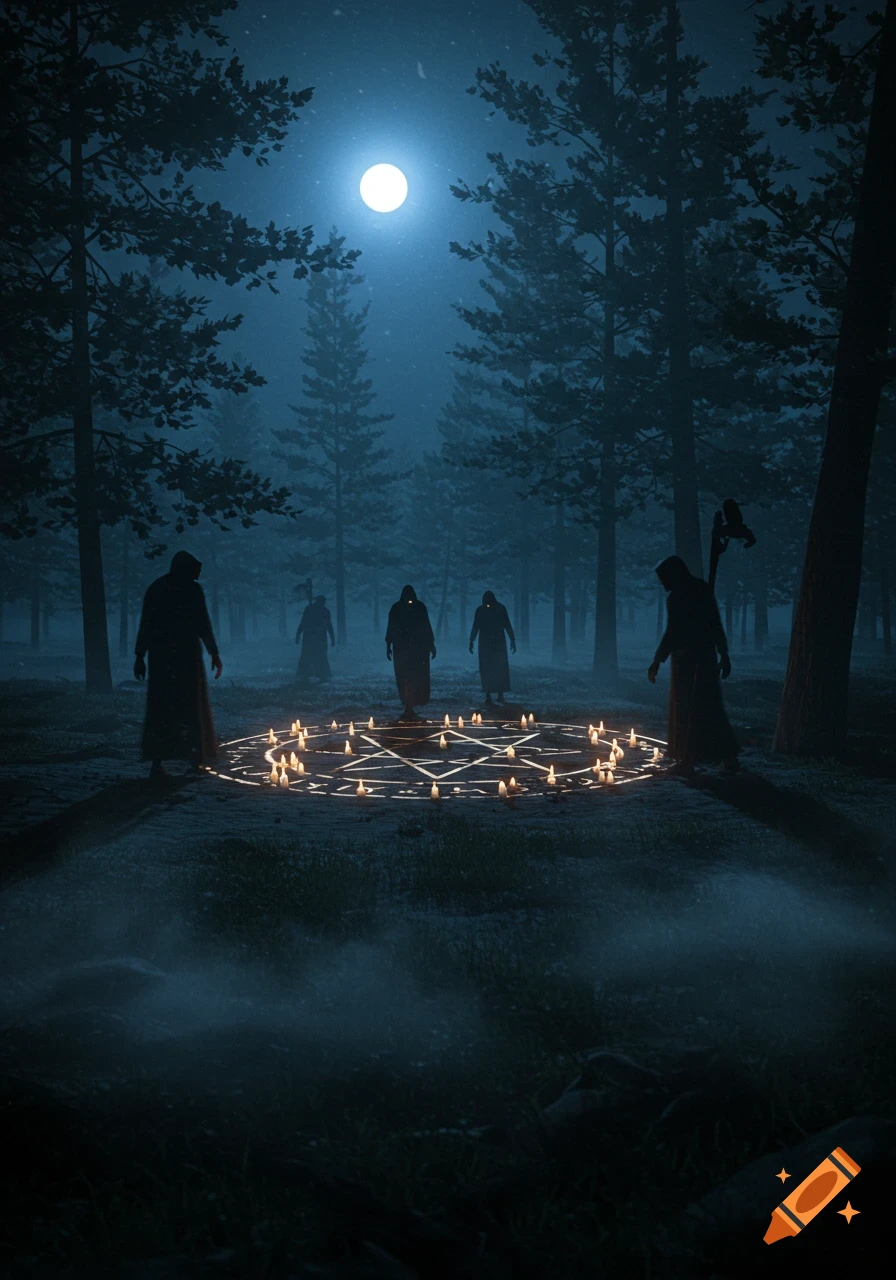Six women in long dresses hold hands around a bonfire in a dark forest ...