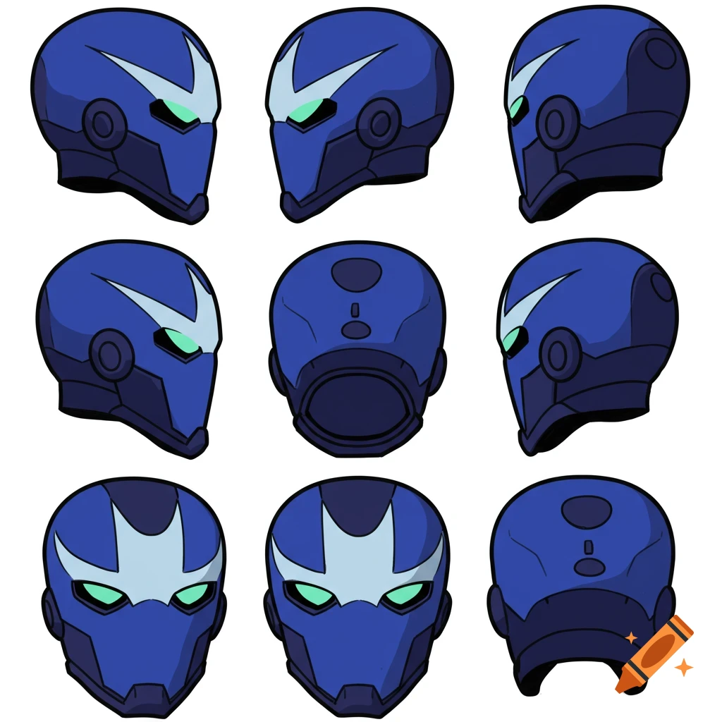 Character turnaround of a blue and light blue superhero helmet with ...