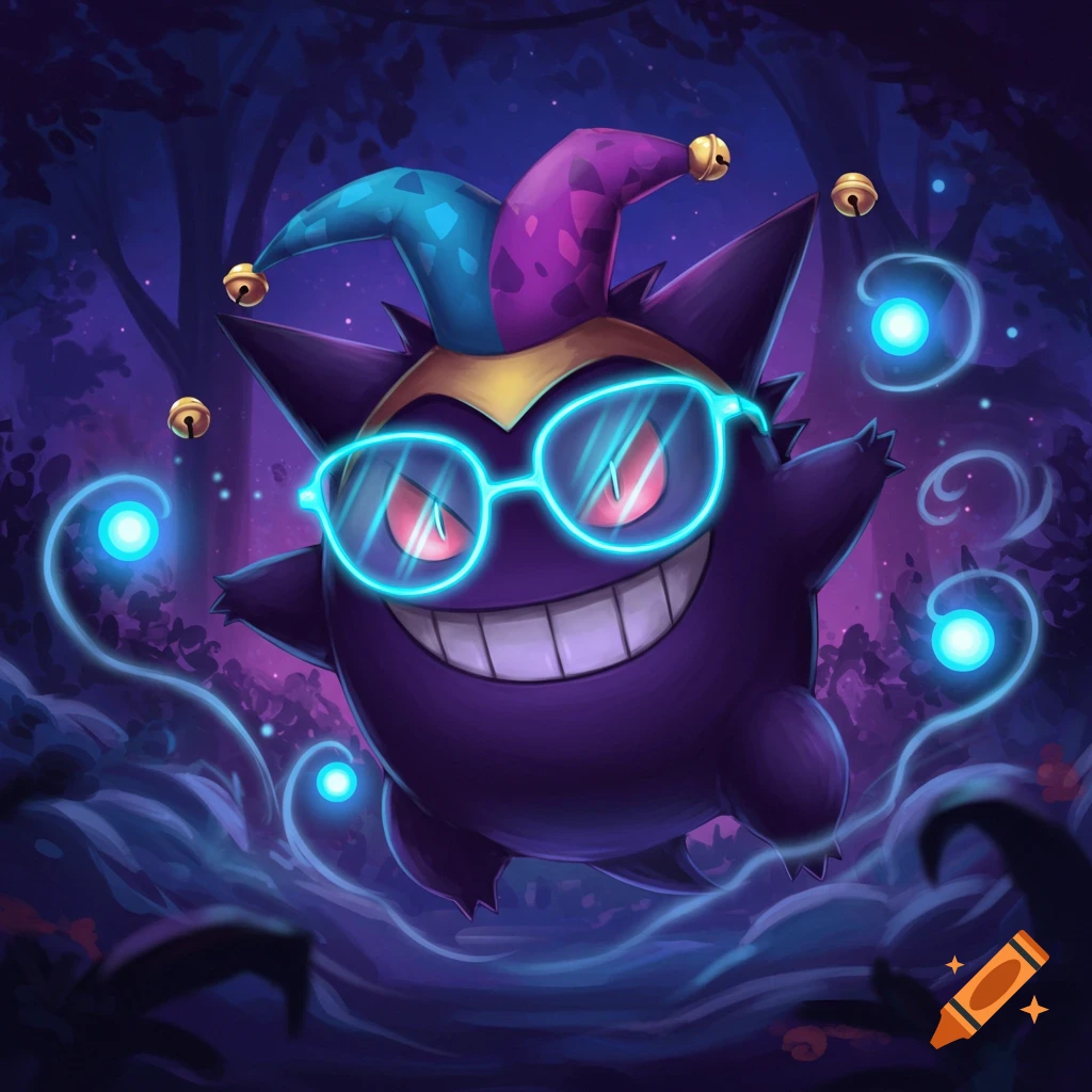 A purple Gengar wearing a blue and purple jester hat with bells and ...
