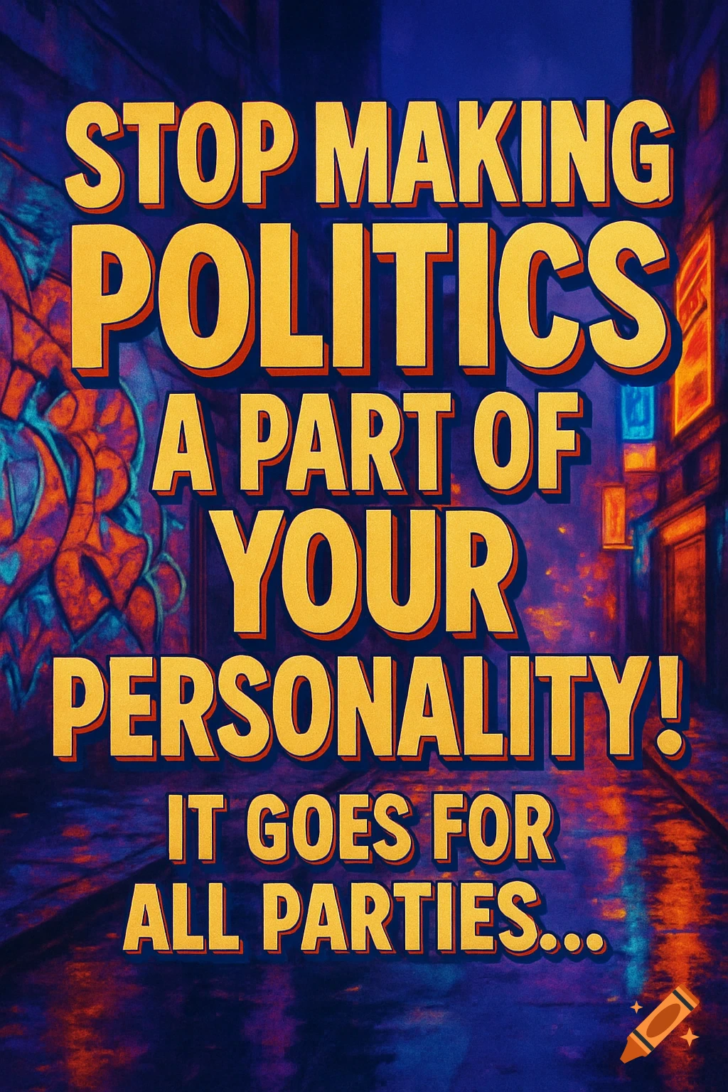 A vibrant poster with bold yellow text on a blue and purple background ...