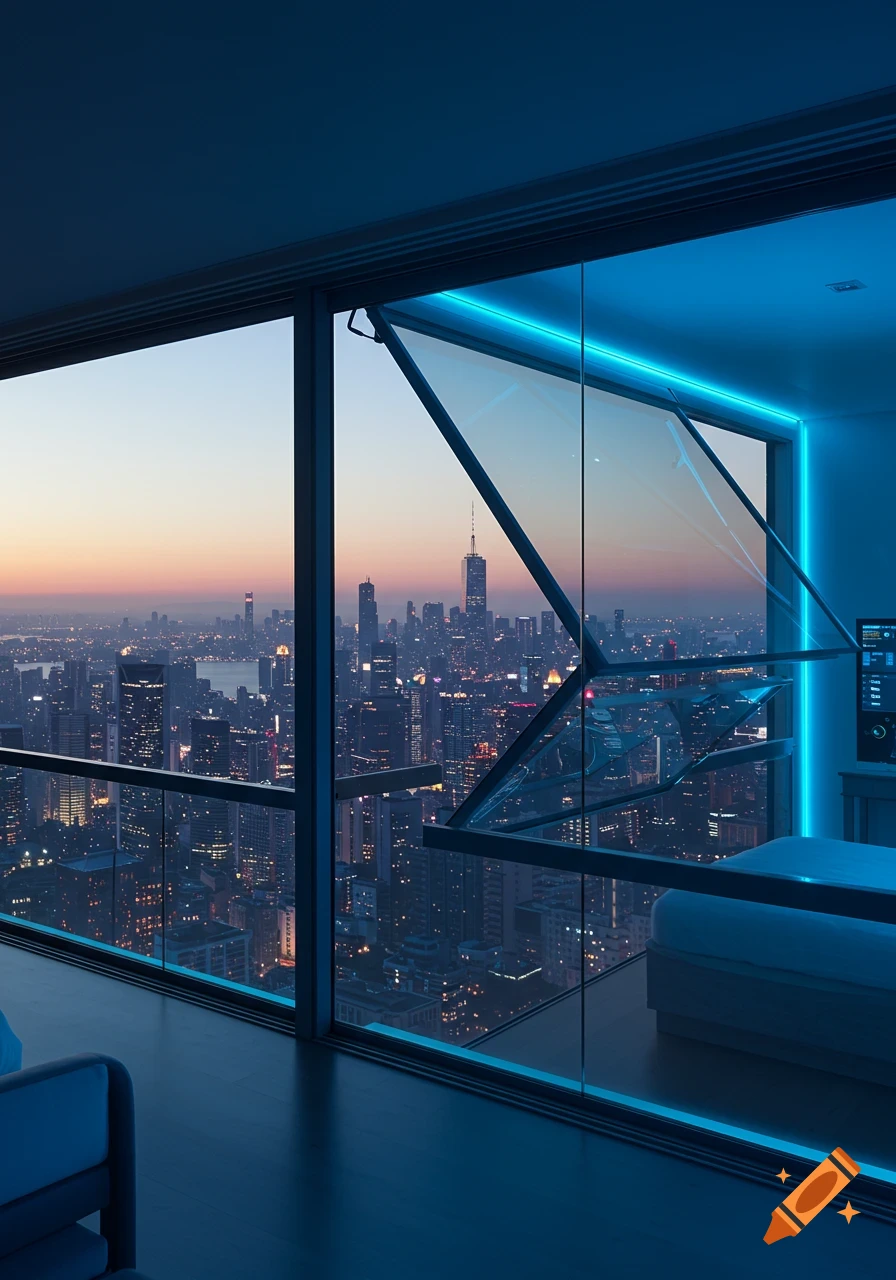 A modern room with large glass windows overlooking a futuristic city ...