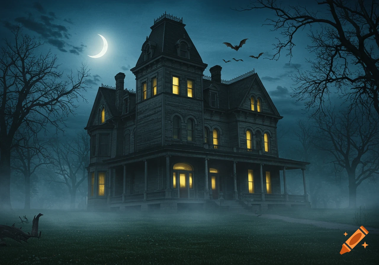 An eerie, photorealistic haunted Victorian house at night, shrouded in ...