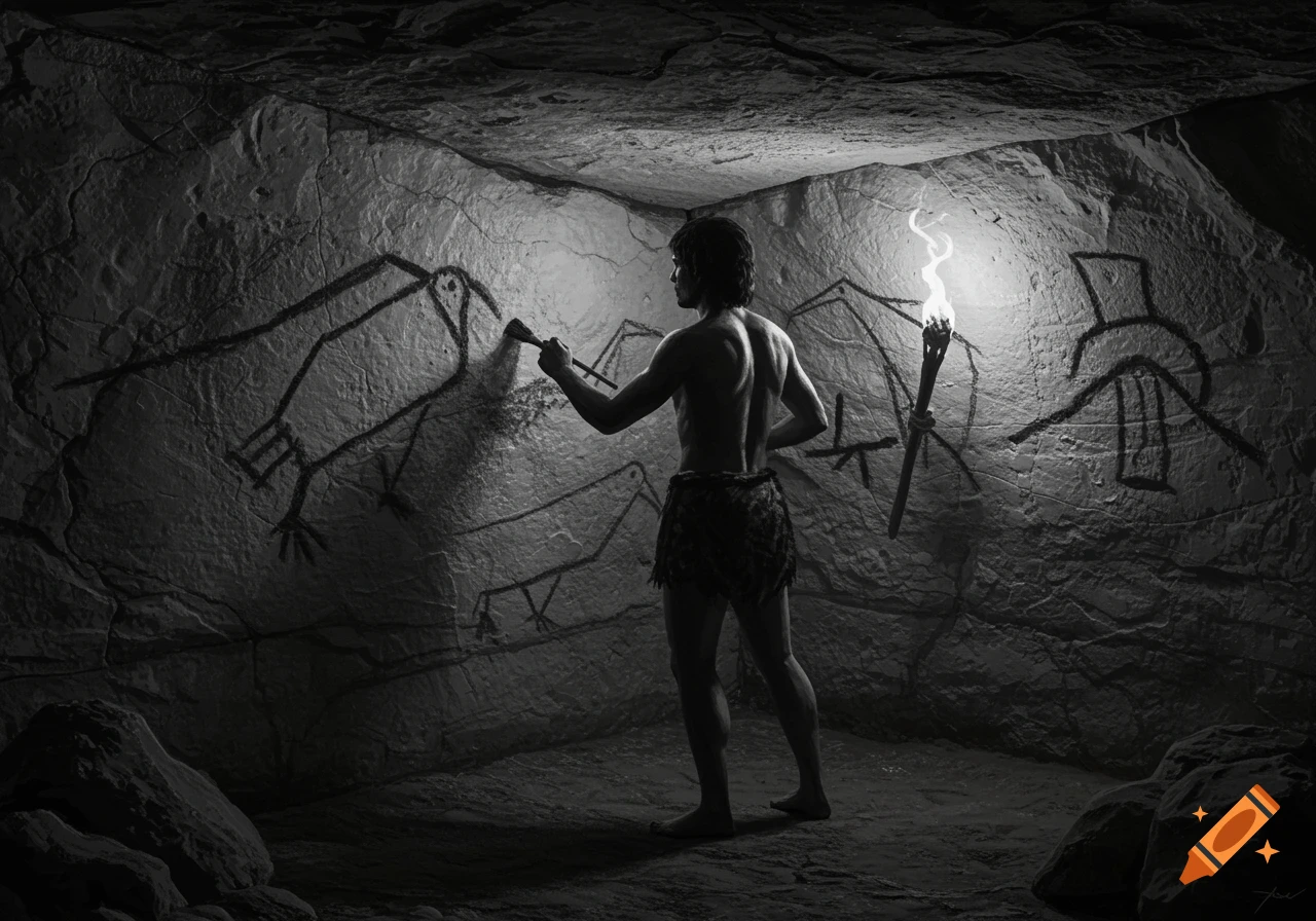 A man in a loincloth paints primitive bird drawings on a cave wall by ...