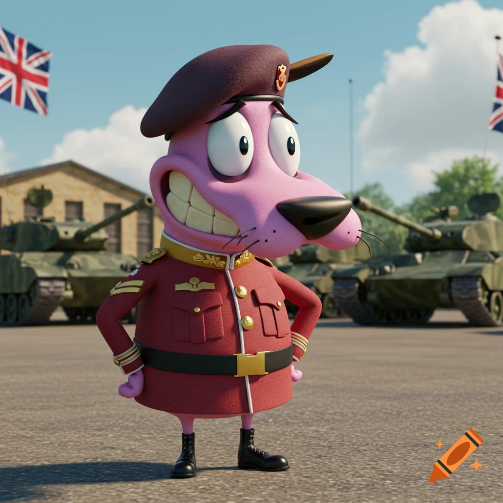 A 3D animated Courage the Cowardly Dog in a red British army uniform ...
