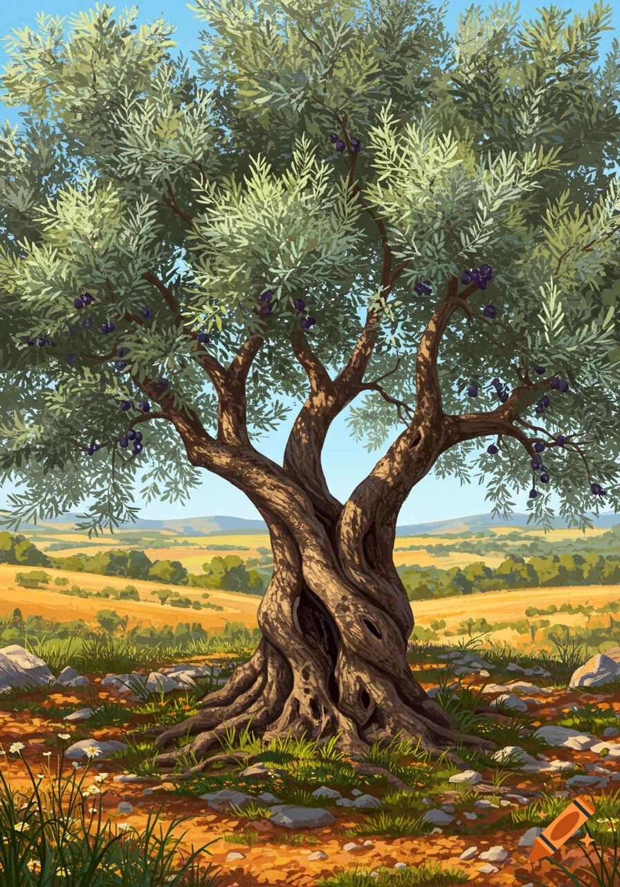 A vibrant illustration of an ancient olive tree with purple olives, set ...