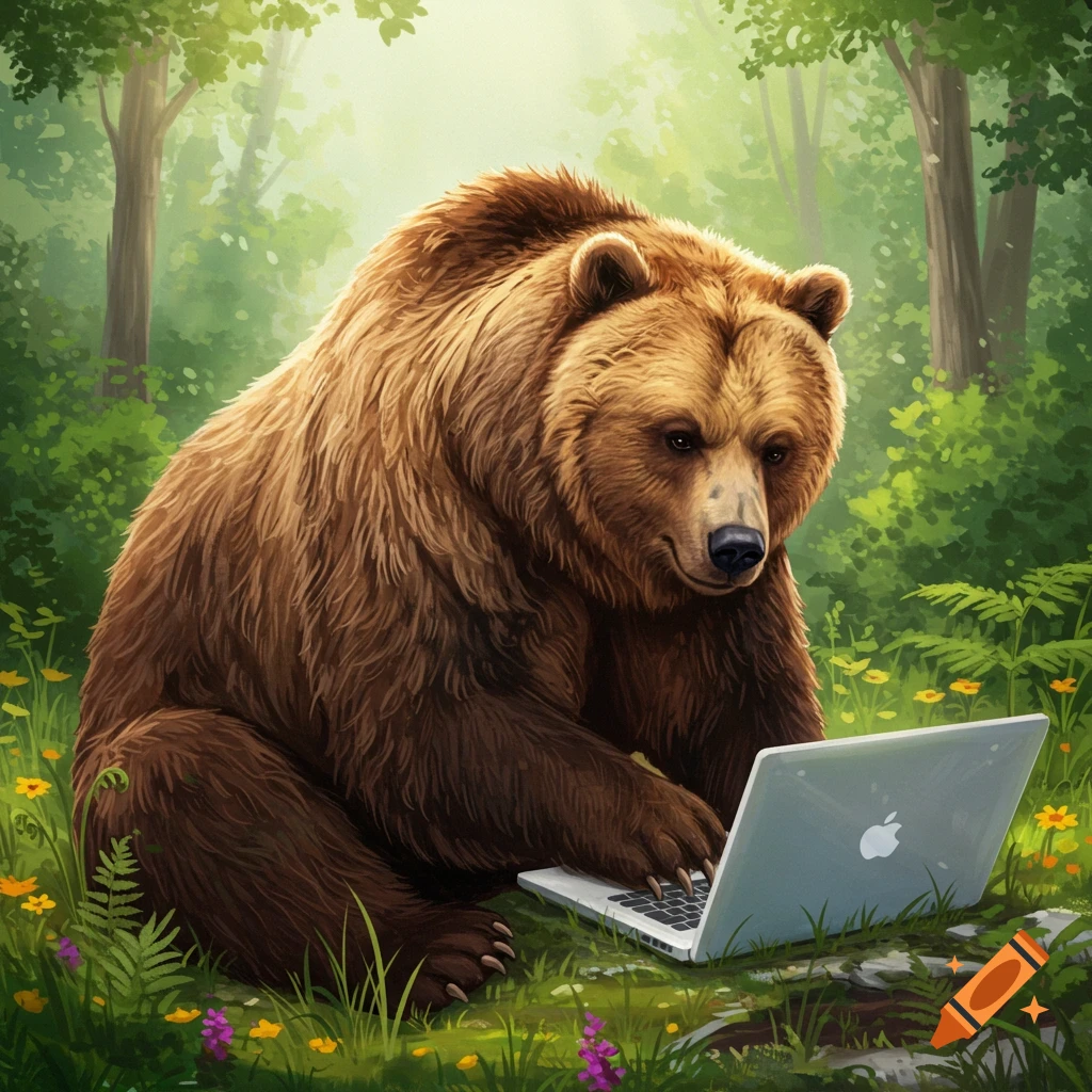 A brown bear sits in a lush green forest, typing on a silver laptop. on ...